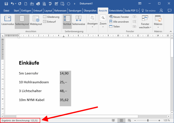 Word: Summe berechnen - Zahlen in der Markierung addieren