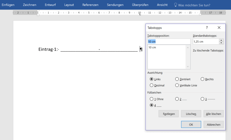 Word: Linien für Lückentexte setzen